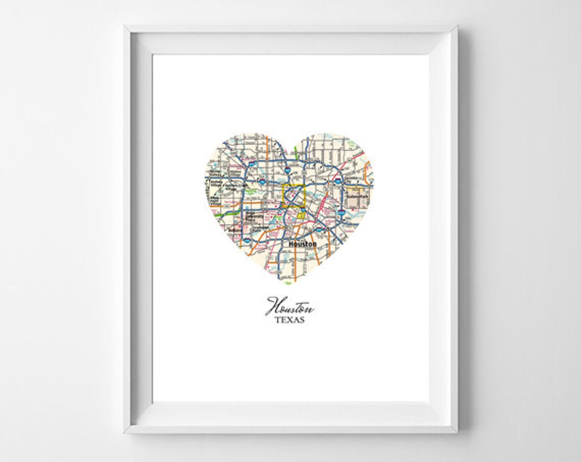 Houston Texas Vintage Heart Map DIGITAL DOWNLOAD for you 2 | Etsy