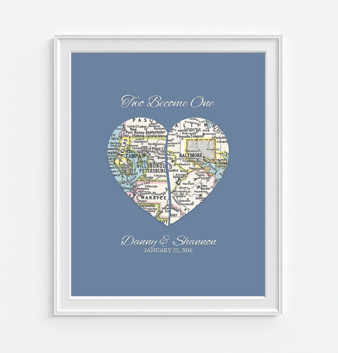 Custom Wedding Couple 2 Heart Maps Split Two Become One ART PRINT ...