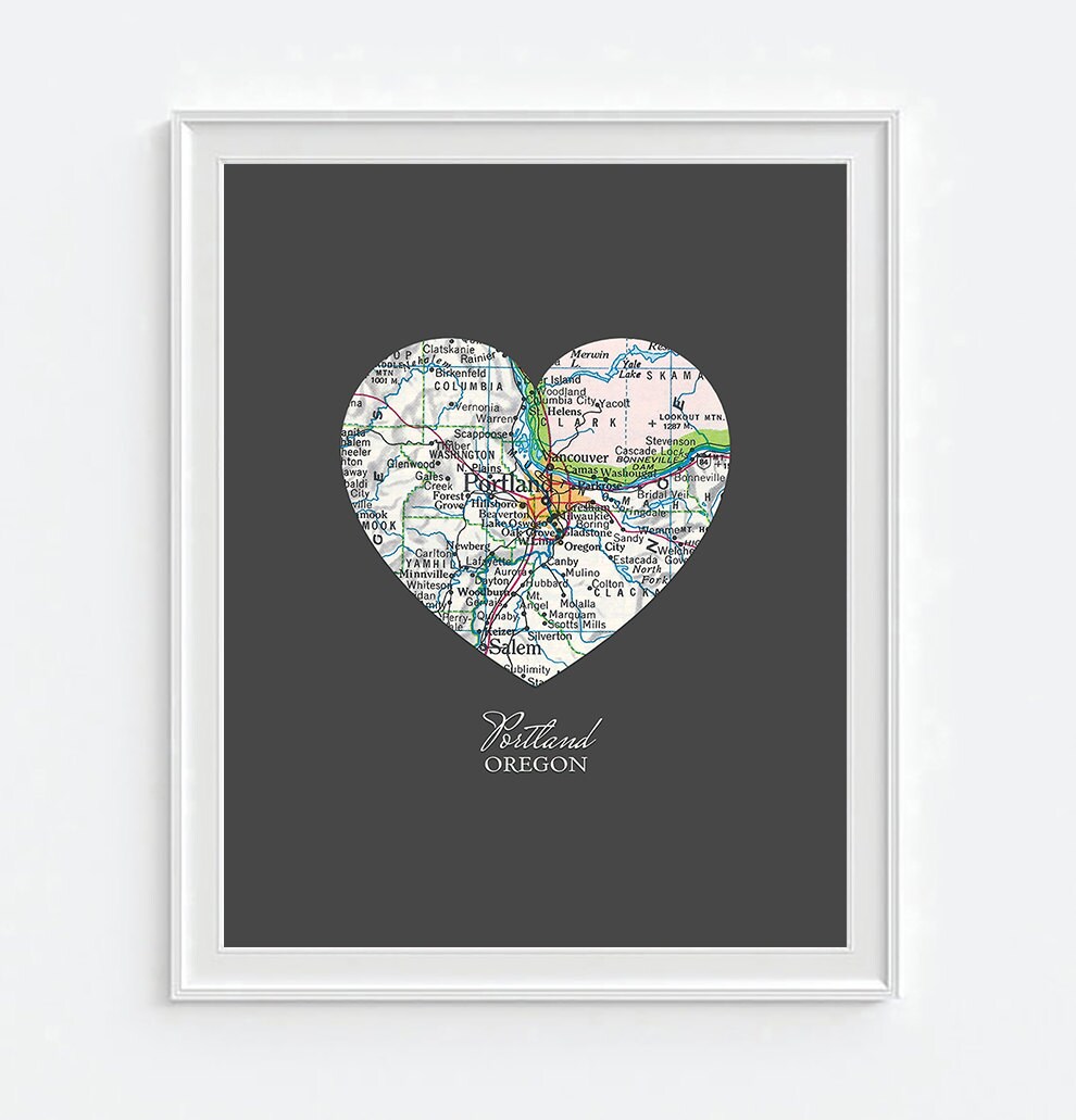 Portland Oregon Heart Vintage Map ART PRINT Portland Oregon | Etsy