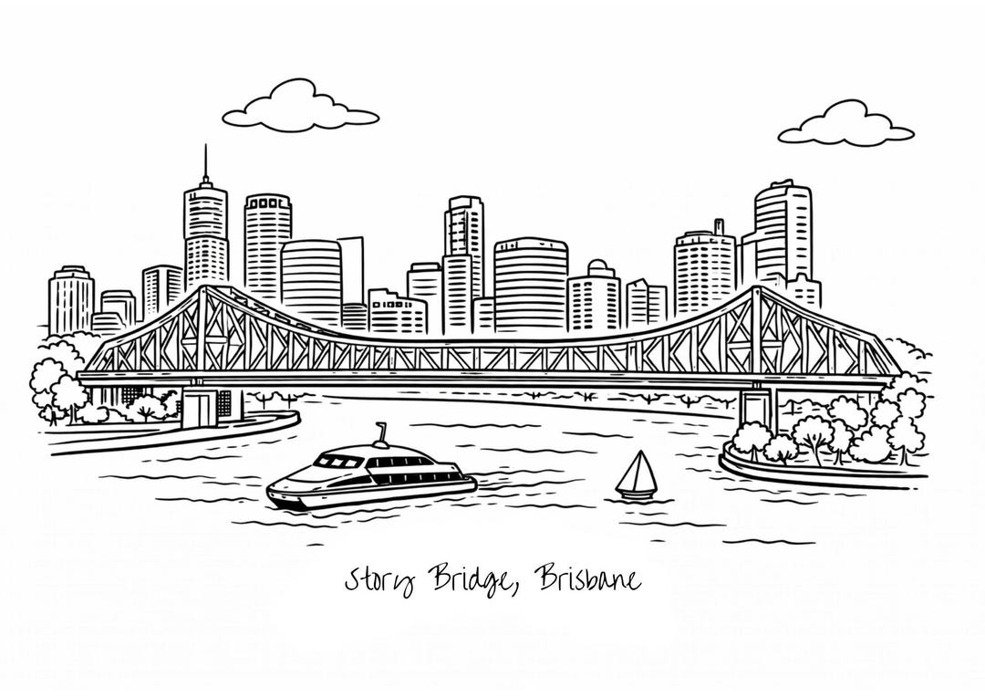 Story Bridge Brisbane Line Wall Art Print, A4, Minimalist City ...