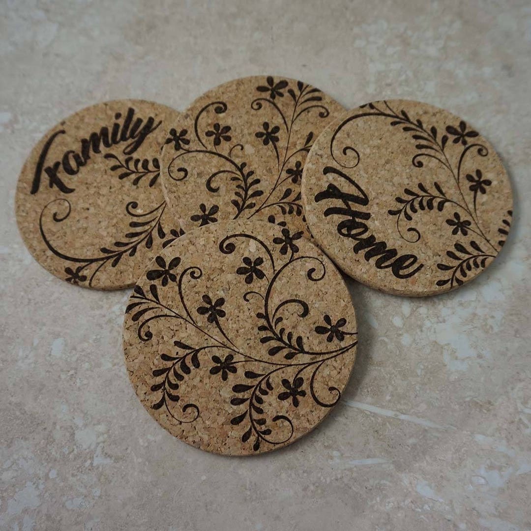 Flowered Cork Coasters ~ Family & Home ~ Cork Coaster Set ~ Laser ...