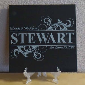 Monogram Family Name Plaque ~ Est. Date ~ Engraved Black Granite Tile ...