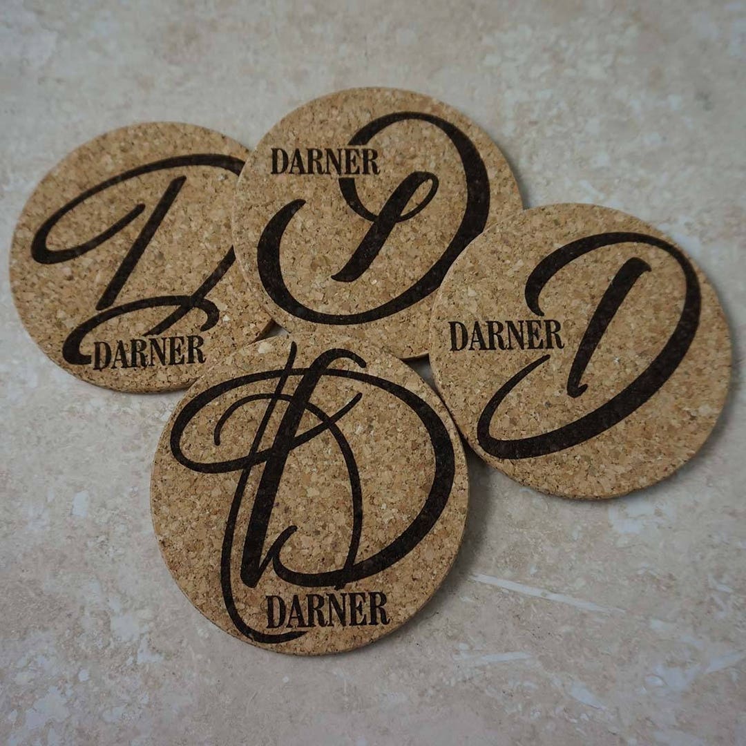 Initial Coasters ~ Initial With Last Name ~ Cork Coaster Set ~ Laser ...