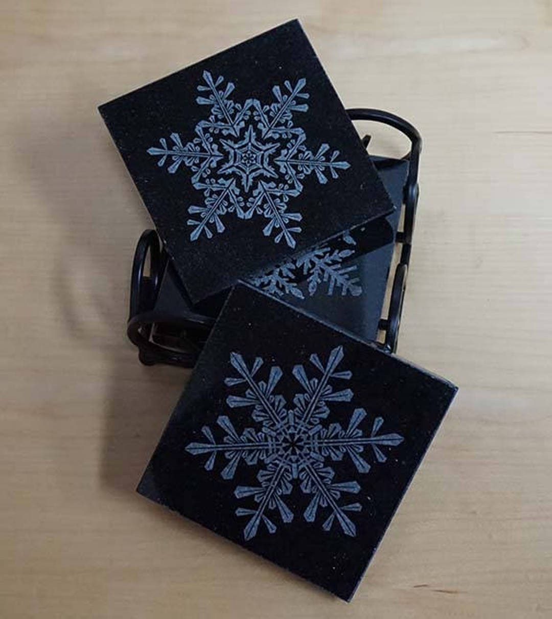 Black Granite Snowflake Coaster Set Laser Engraved Winter - Etsy