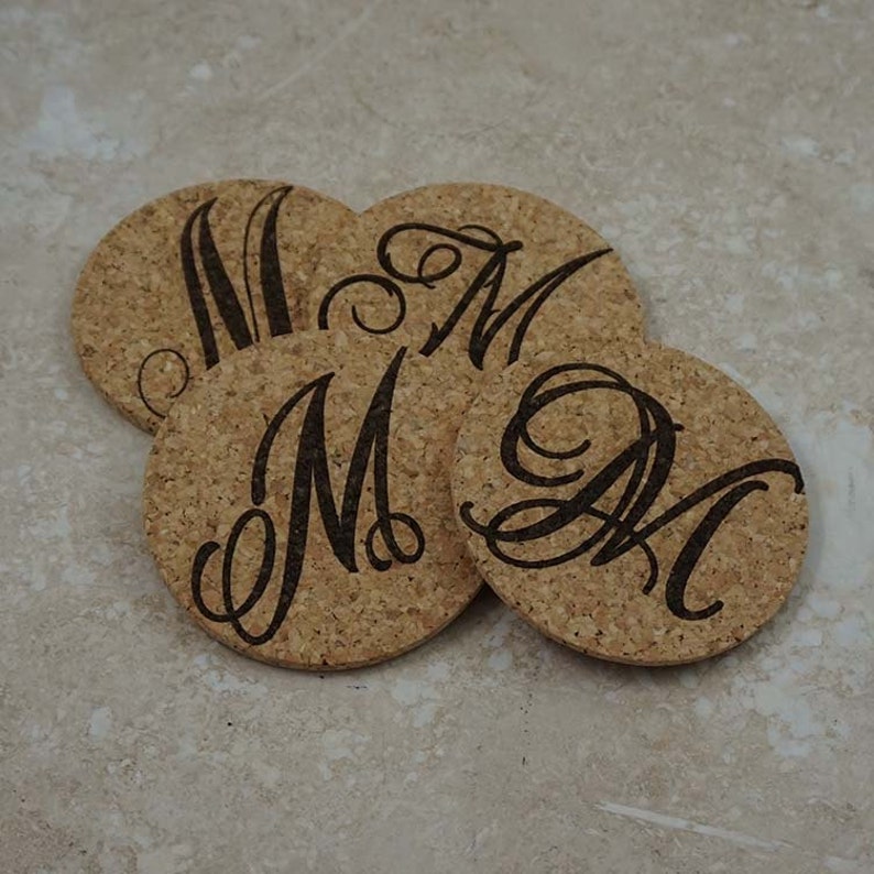 Monogram Initial Coasters Cork Coaster Set Laser Engraved - Etsy