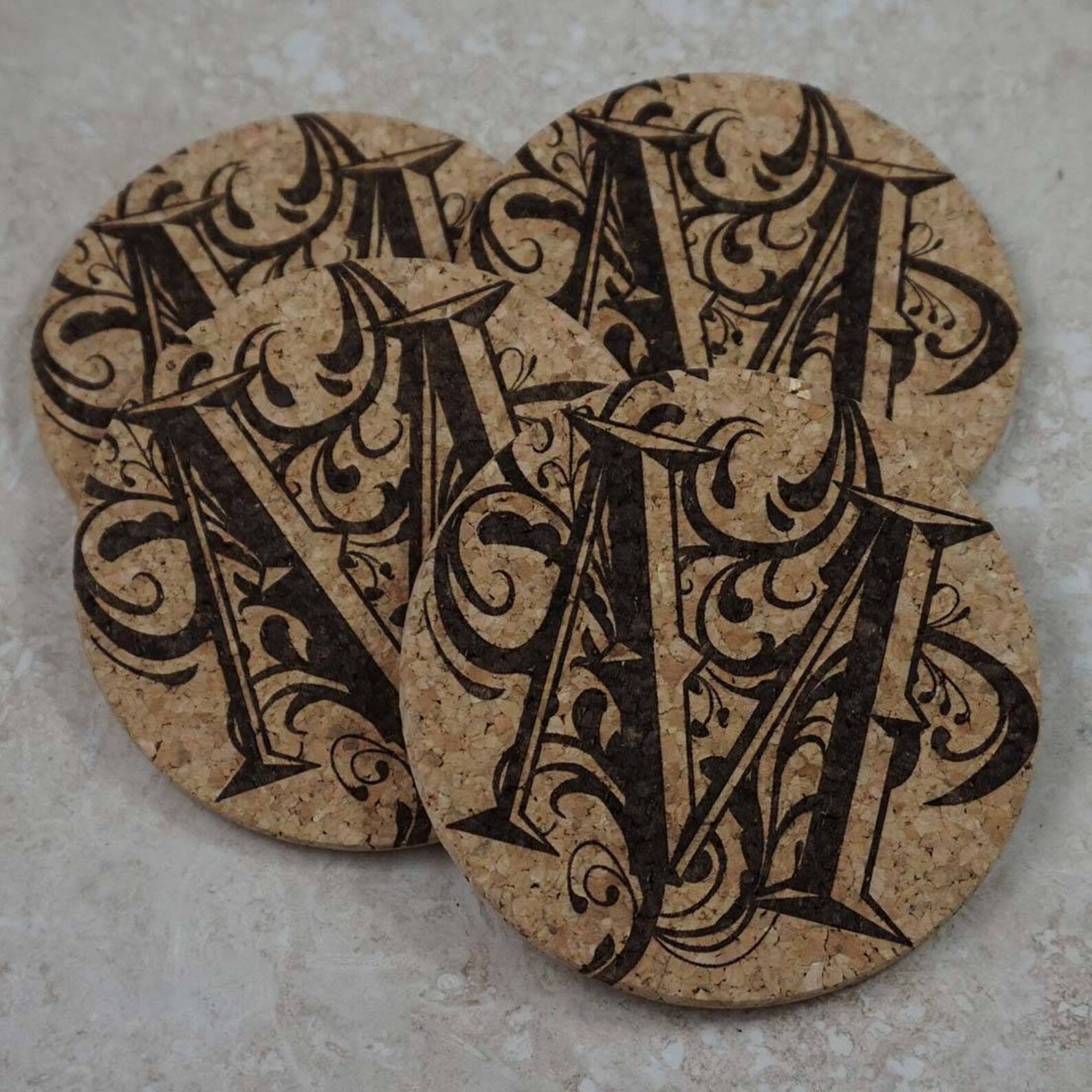 Monogram Initial Coasters Cork Coaster Set Laser Etched - Etsy