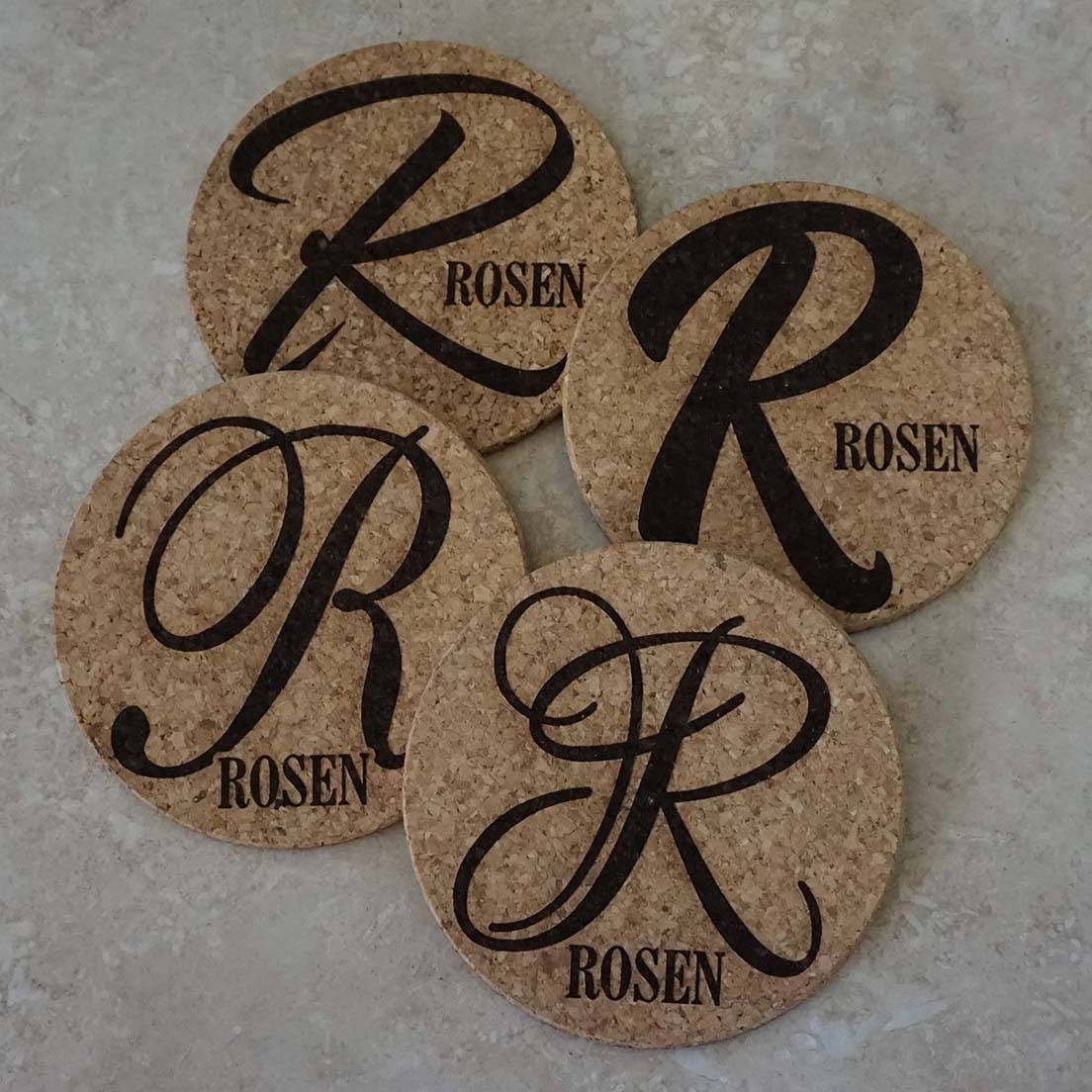 Initial Coasters Initial with Last Name Cork Coaster Set | Etsy