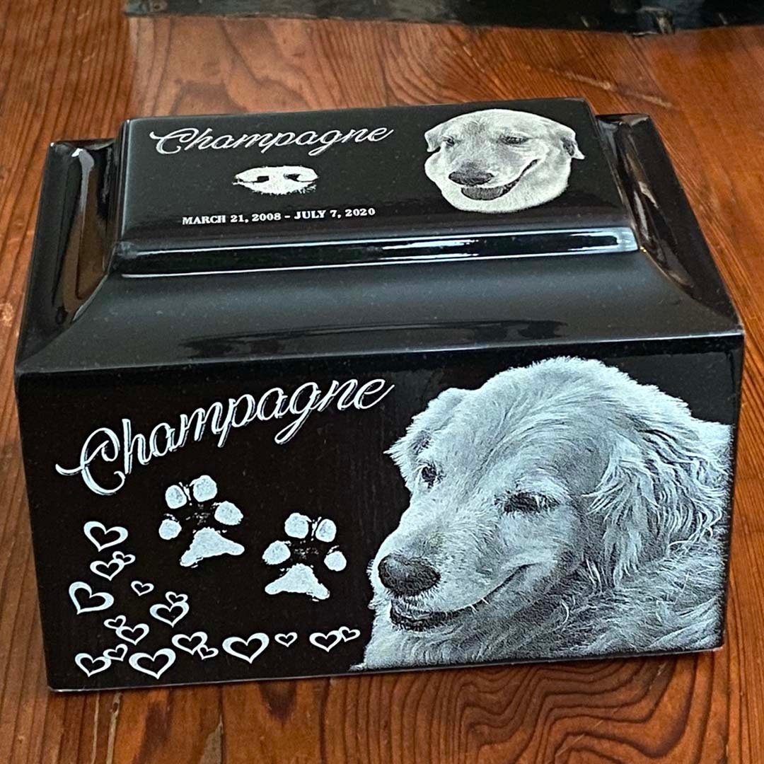 Large Classic Granite Pet Cremation Urn, Laser Engraved Photo Urn ...