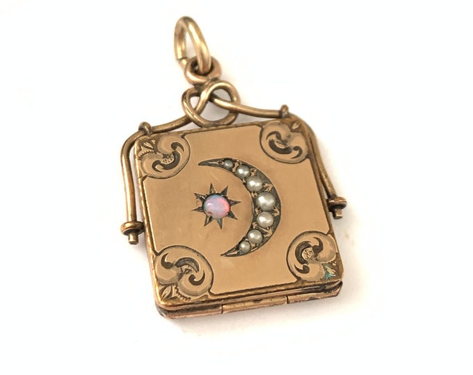 Victorian Crescent Moon Star Locket With Opal and Seed Pearls, Vintage ...