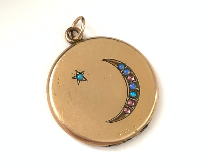 Victorian Crescent Moon Star Locket With Opals and Purple Rhinestones ...