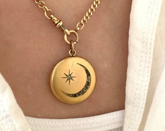 Vintage Antique Moon Star Locket Pendant, Crescent Moon Photo Locket ...