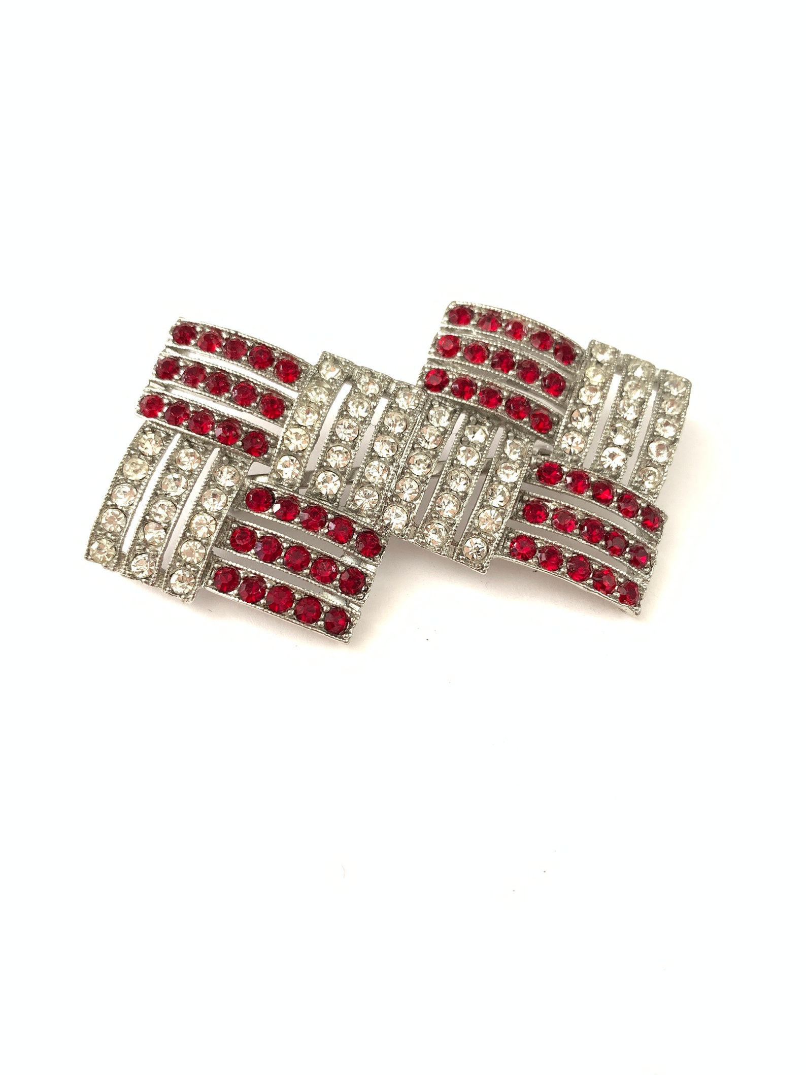 Vintage Art Deco Style Cross Hatch Red and Clear Brooch // Wedding Hair ...