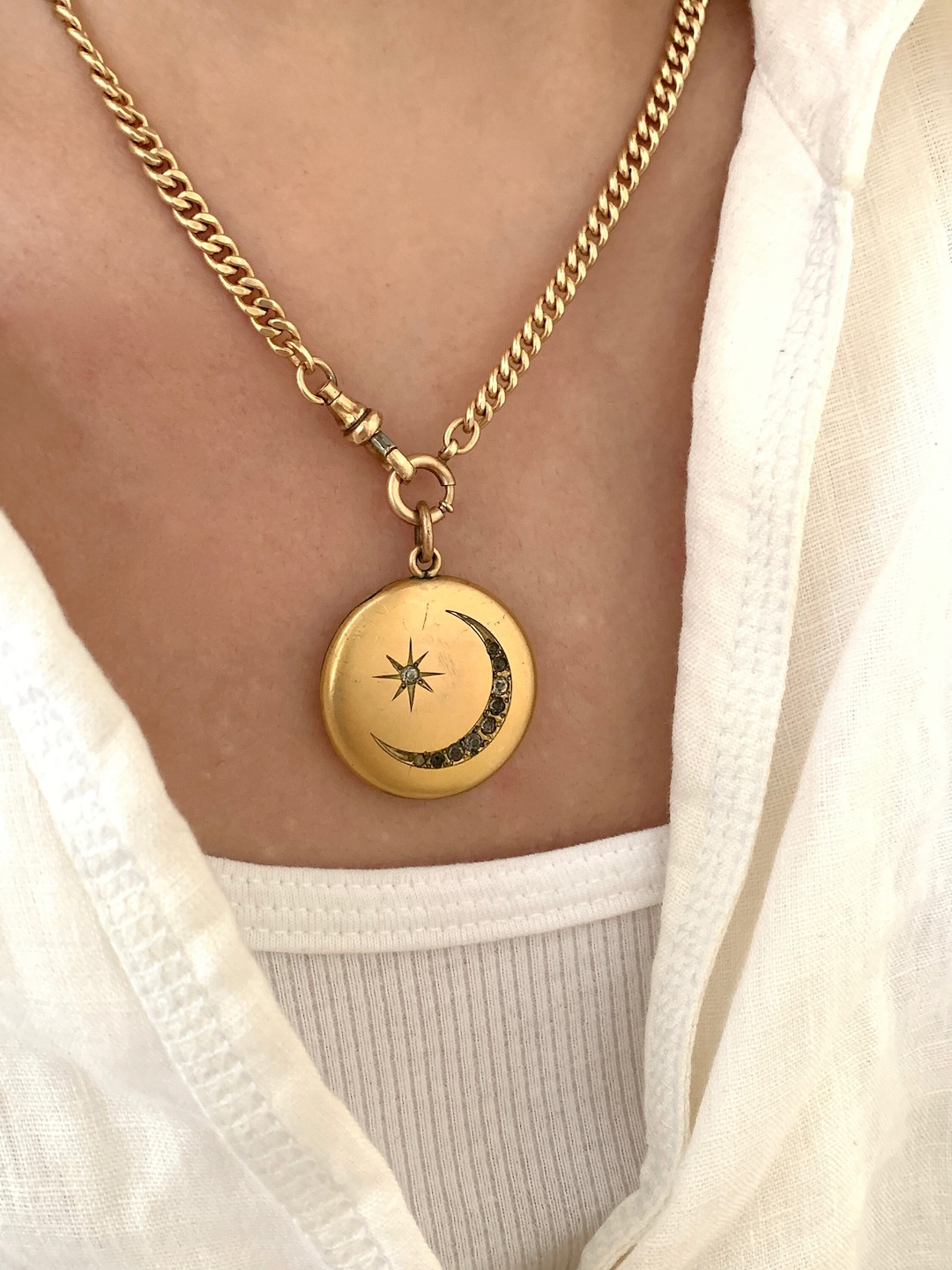 Vintage Antique Moon Star Locket Pendant, Gold Filled Locket, Crescent ...