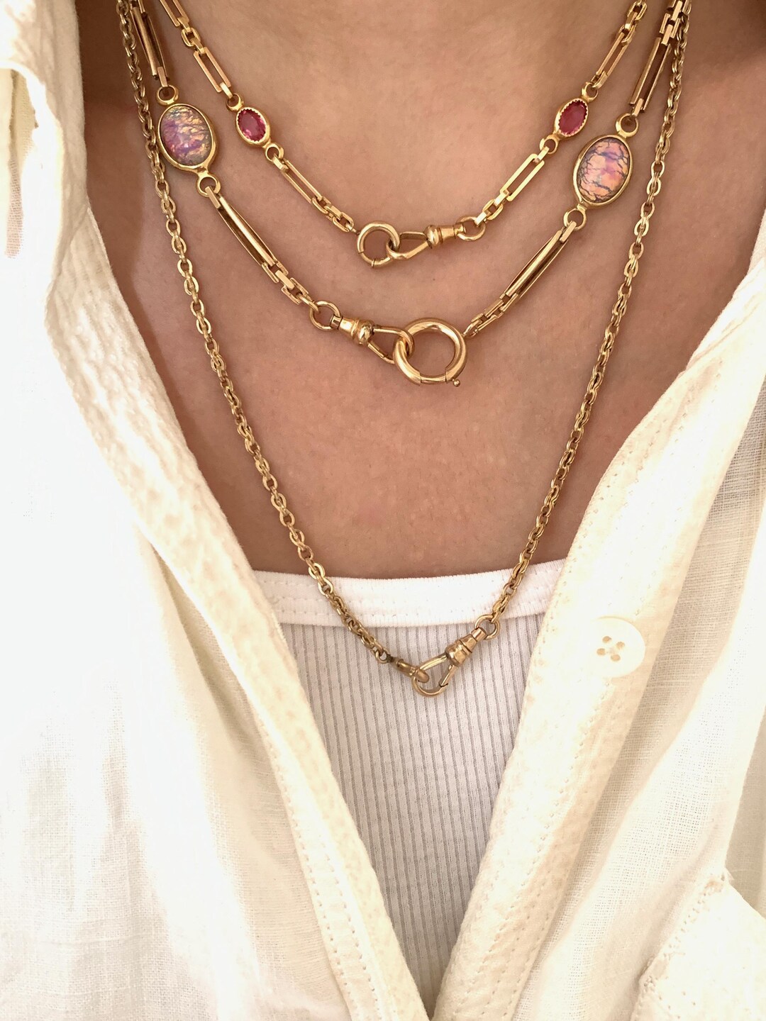 Vintage 17.5" Gold Filled Pocket Watch Chain Necklace With Opalescent ...