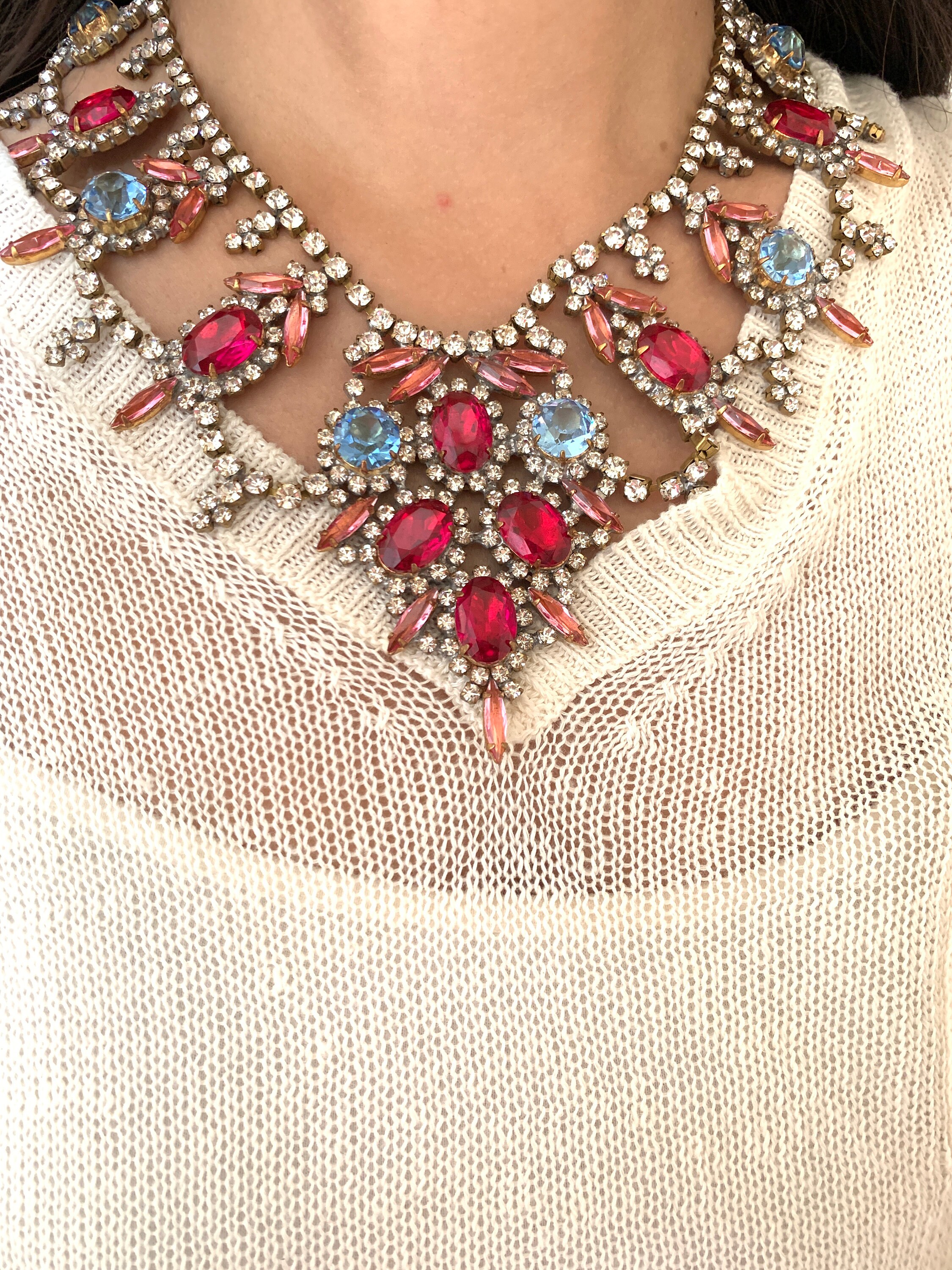 Vintage Rhinestone Bib Statement Necklace // Pink and Blue Rhinestone ...