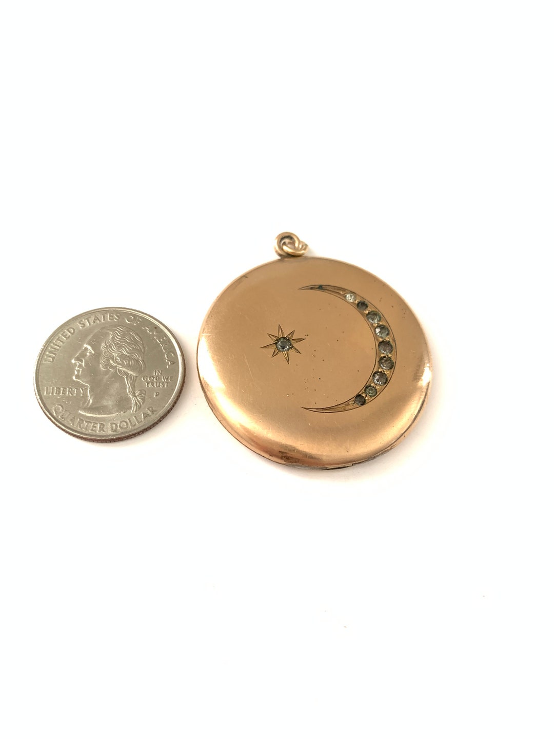 Antique Large Crescent Moon Star Locket, Celestial Gold Filled Moon ...