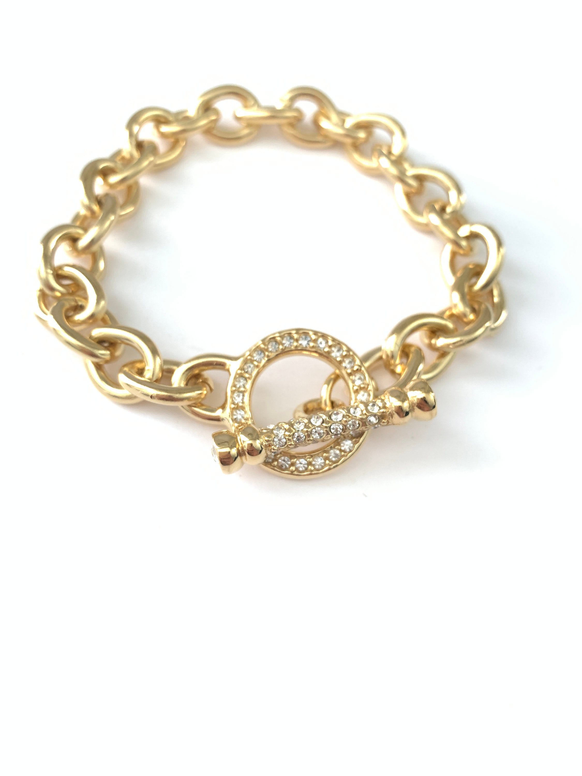 Vintage Shiny Gold Plated Chain Bracelet With Pave Toggle Bar - Etsy