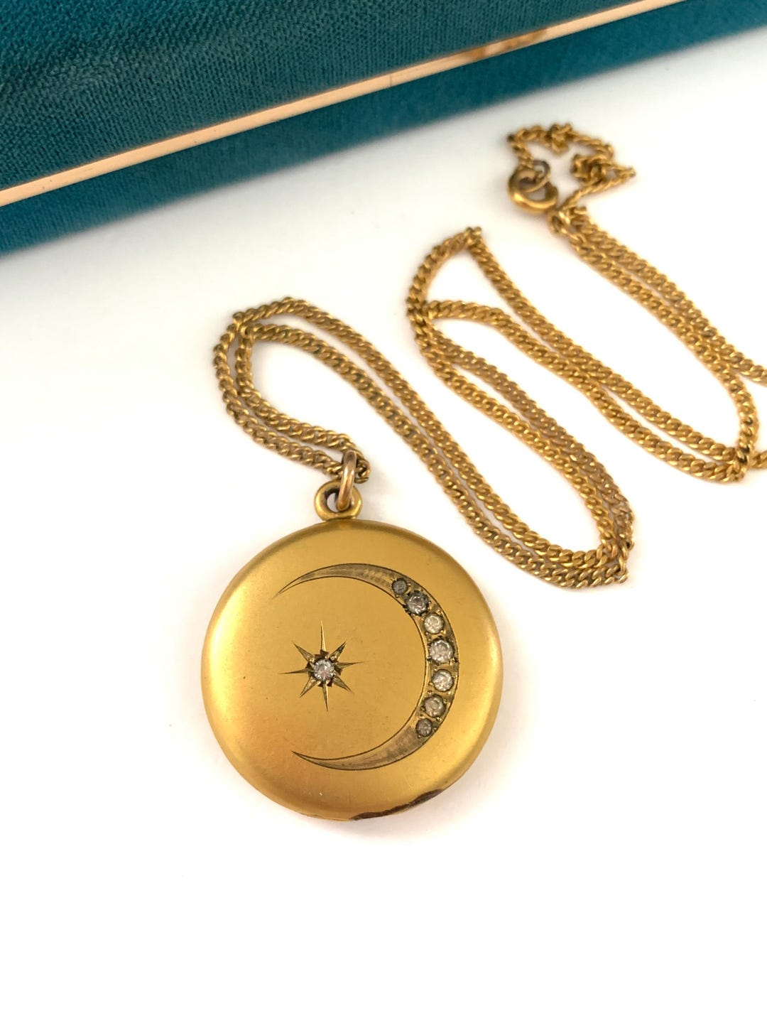 Vintage Victorian Crescent Moon and Star Locket Necklace, Gold Filled ...