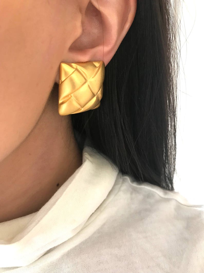 Vintage Matte Gold Plated Geometric Quilted Statement Earrings // 80s ...
