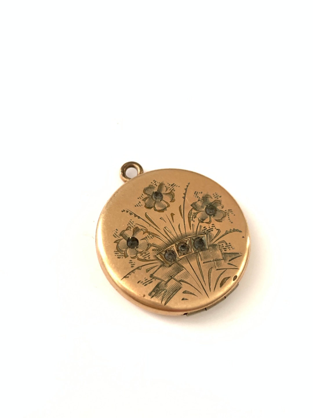 Vintage Round Gold Filled Flower Locket Charm Pendant, Floral Paste ...