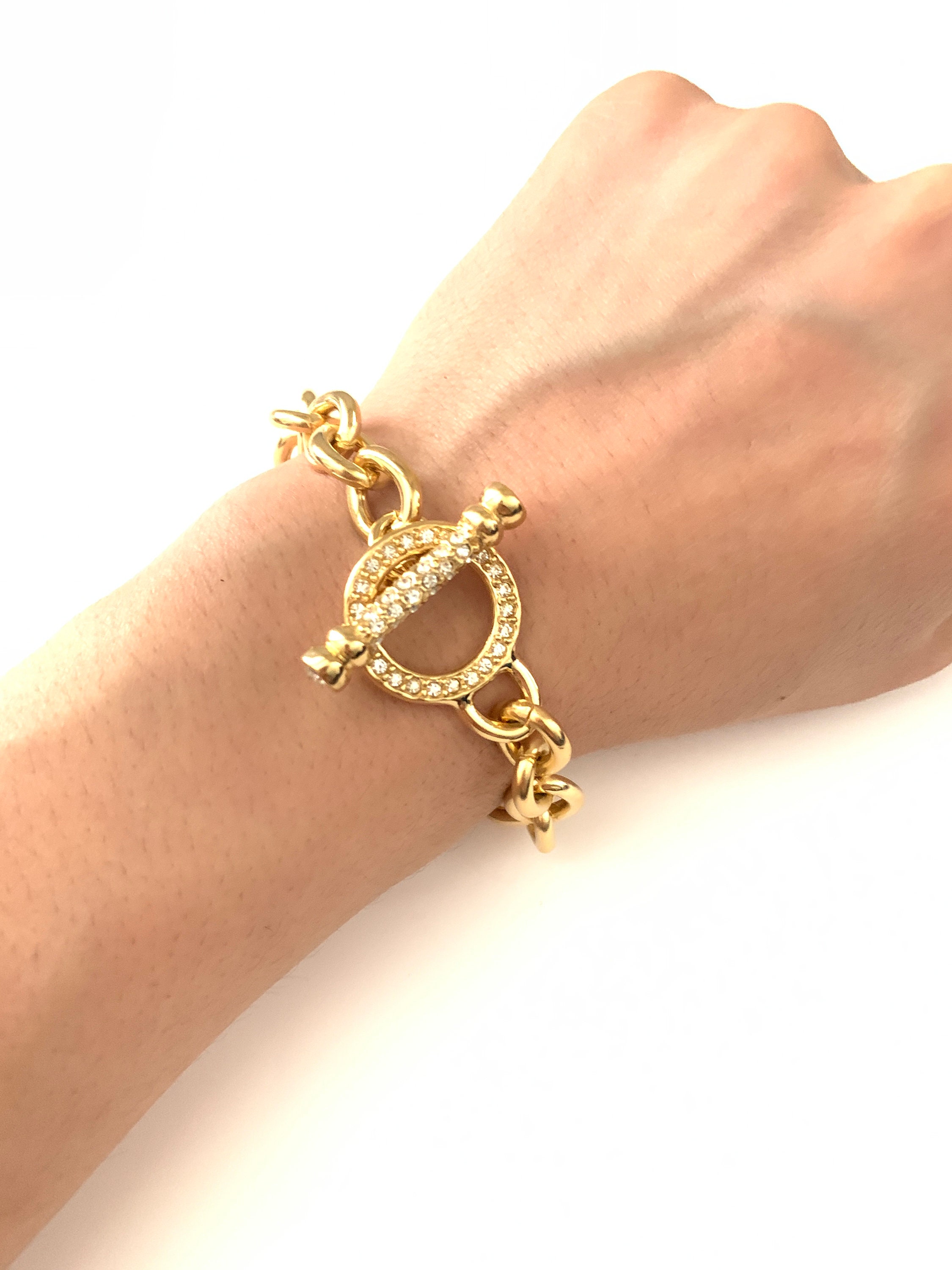 Vintage Shiny Gold Plated Chain Bracelet With Pave Toggle Bar - Etsy