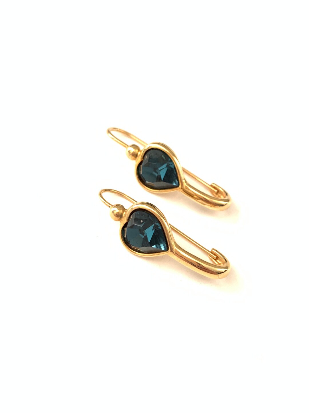 Vintage Safety Pin Blue Crystal Heart Earrings, Gold Long Bar Earrings ...