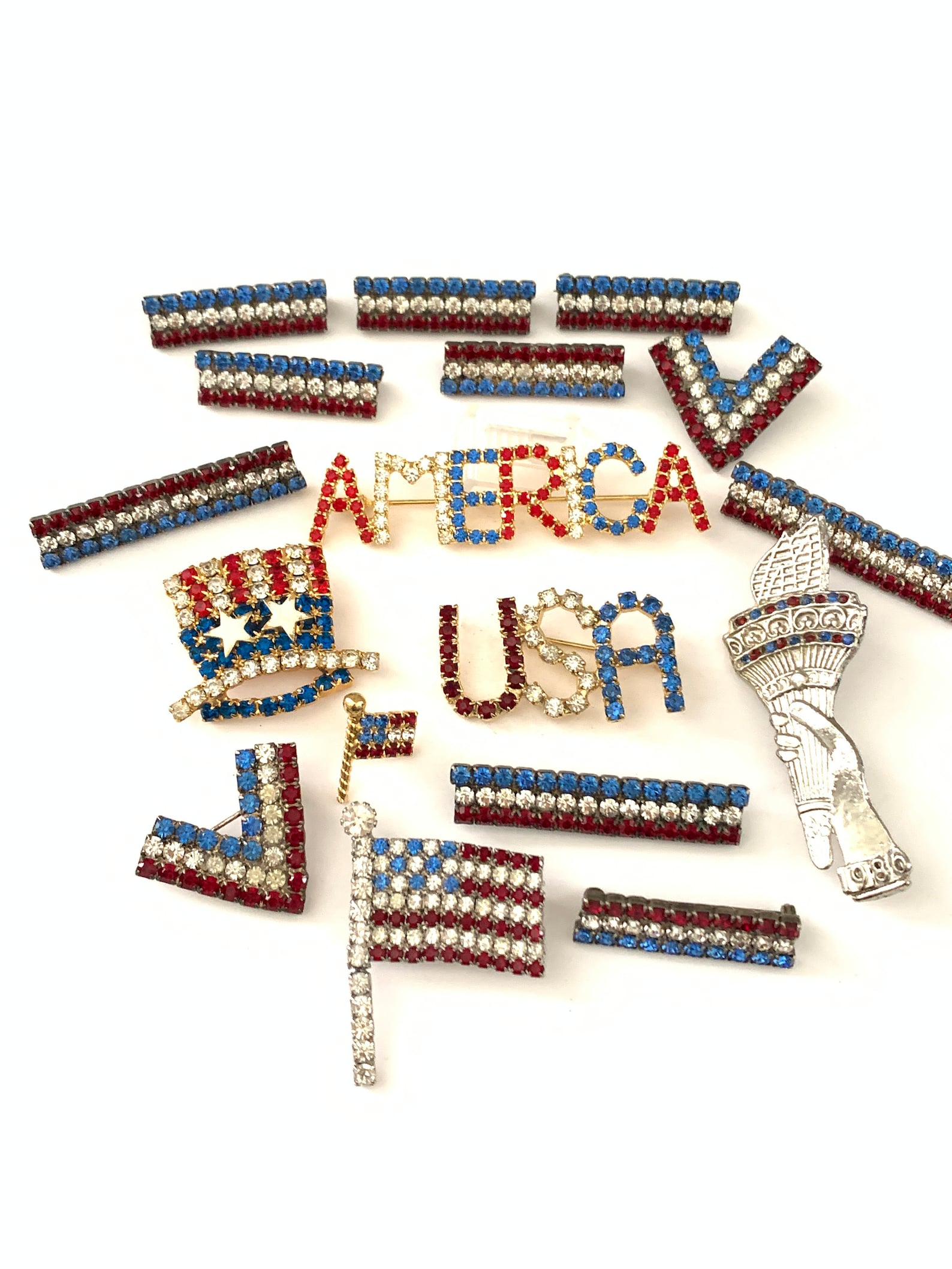 Vintage Lot of USA AMERICA Rhinestone Flag Brooch Pins, 4th of July ...