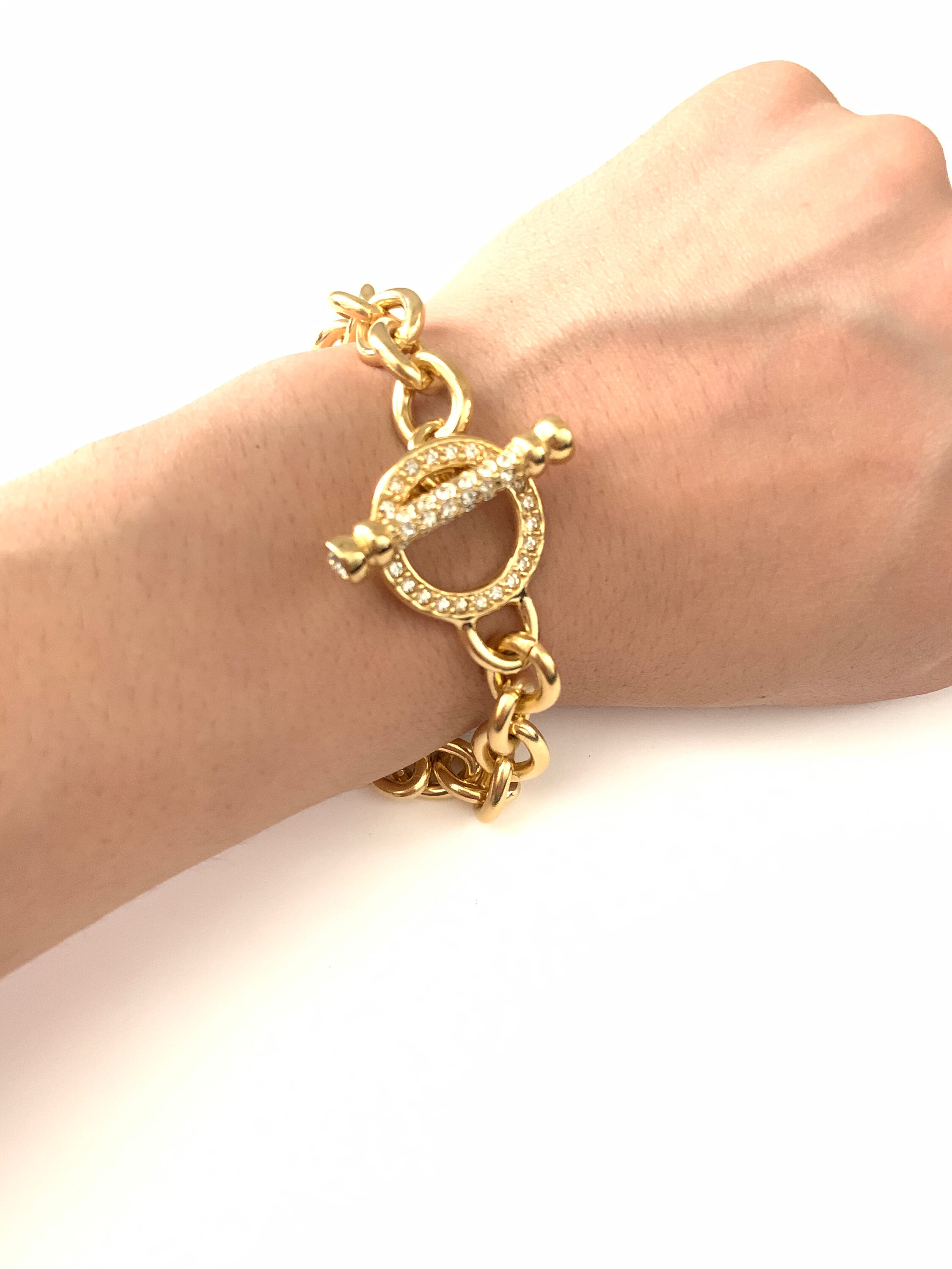 Vintage Shiny Gold Plated Chain Bracelet With Pave Toggle Bar - Etsy