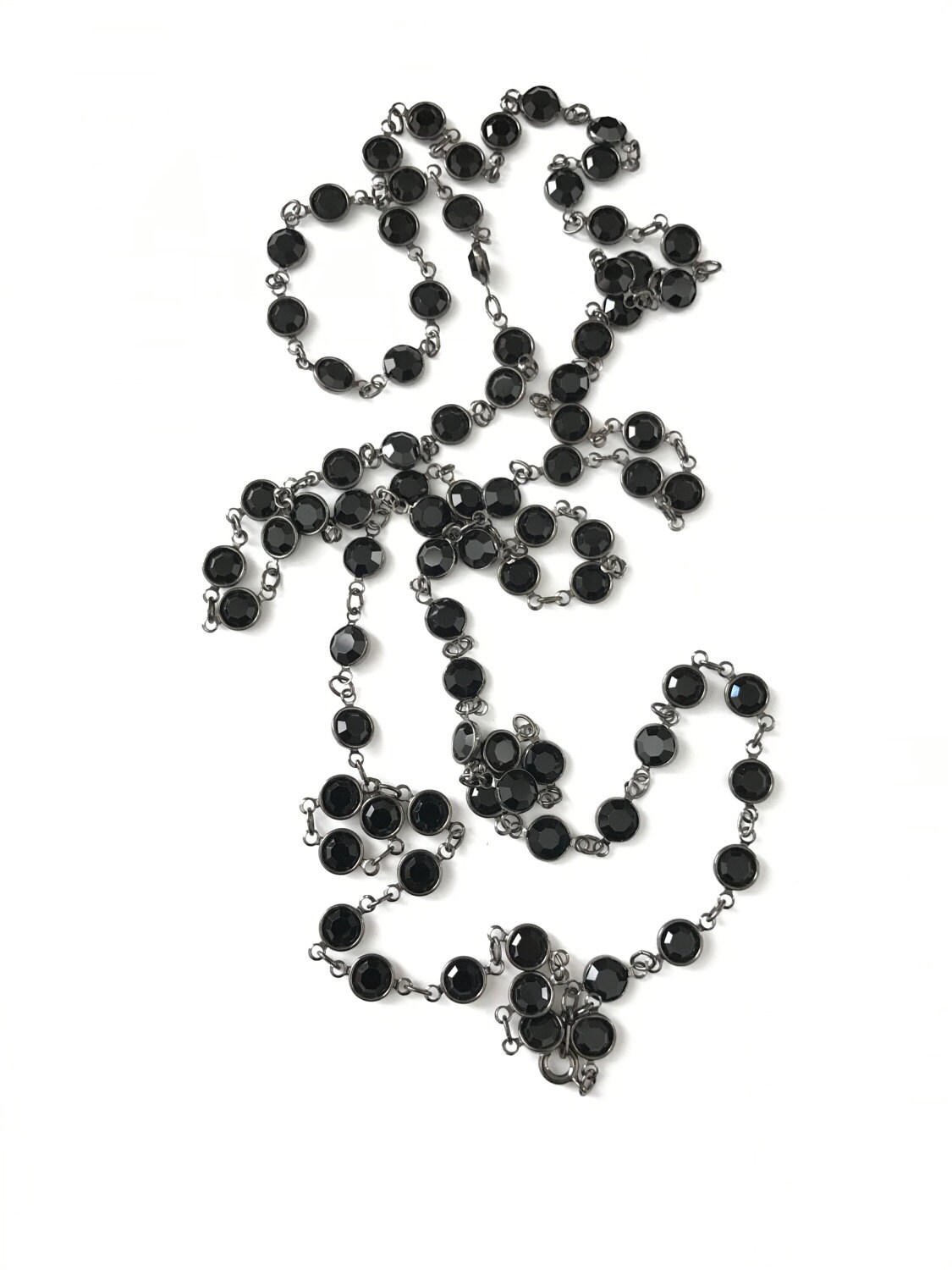 Vintage Jet Black Crystal Necklace in Gunmetal Bezel Settings 48