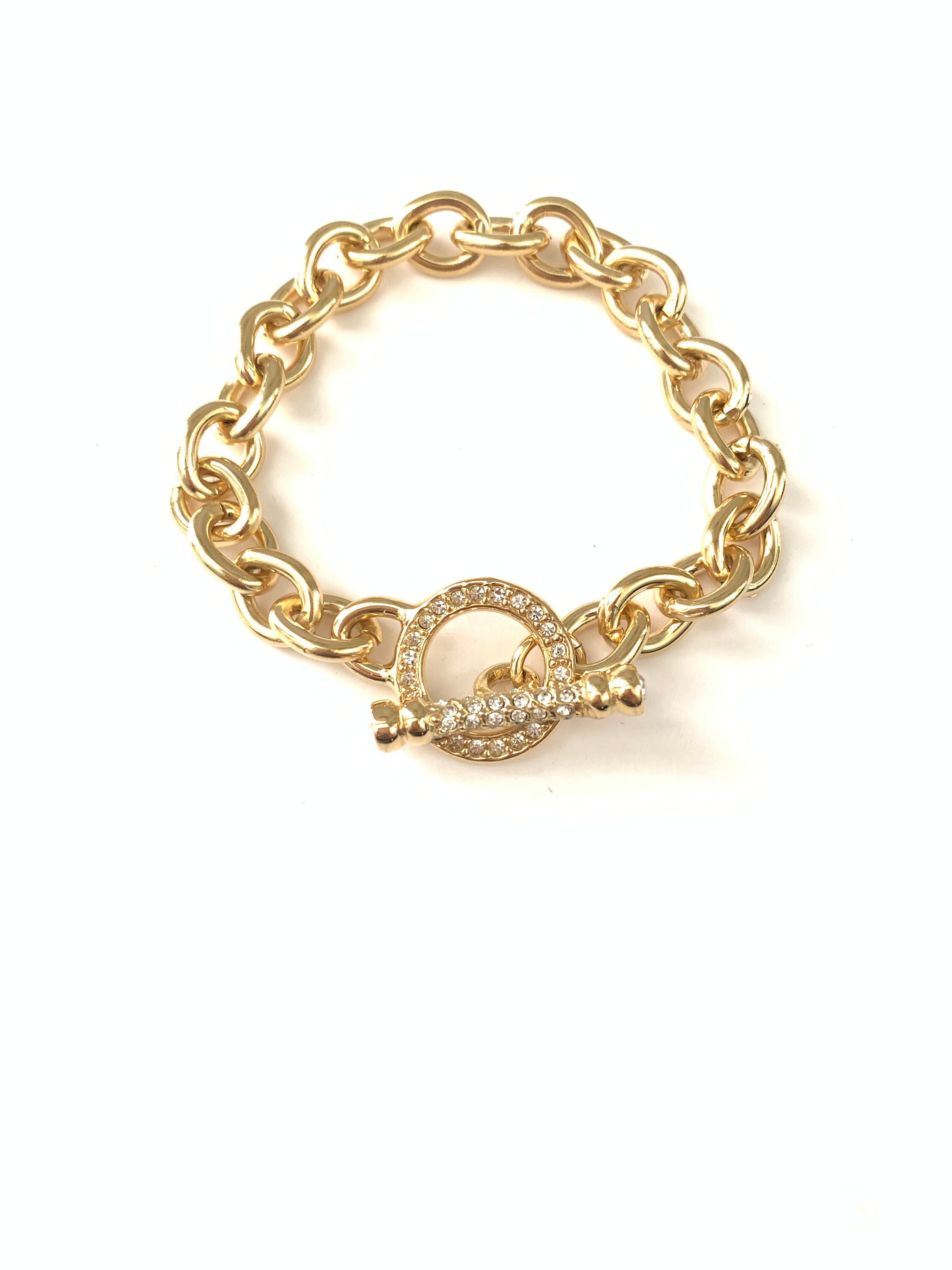 Vintage Shiny Gold Plated Chain Bracelet With Pave Toggle Bar - Etsy