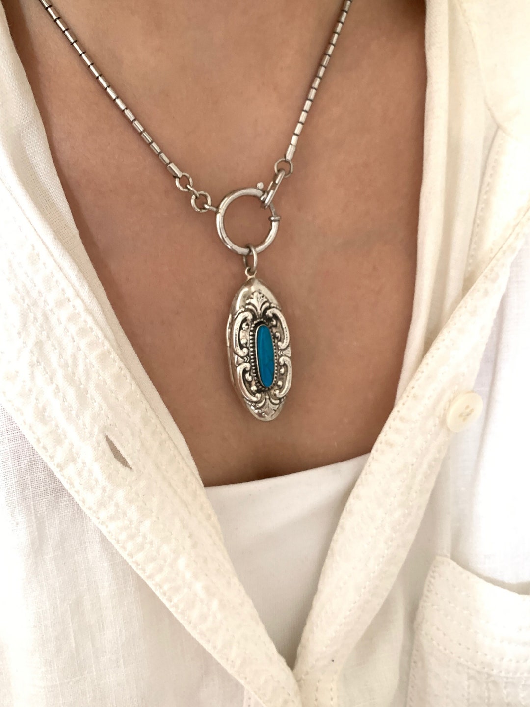 Vintage Art Nouveau Style Sterling Repousse Locket, Vintage Long Oval ...