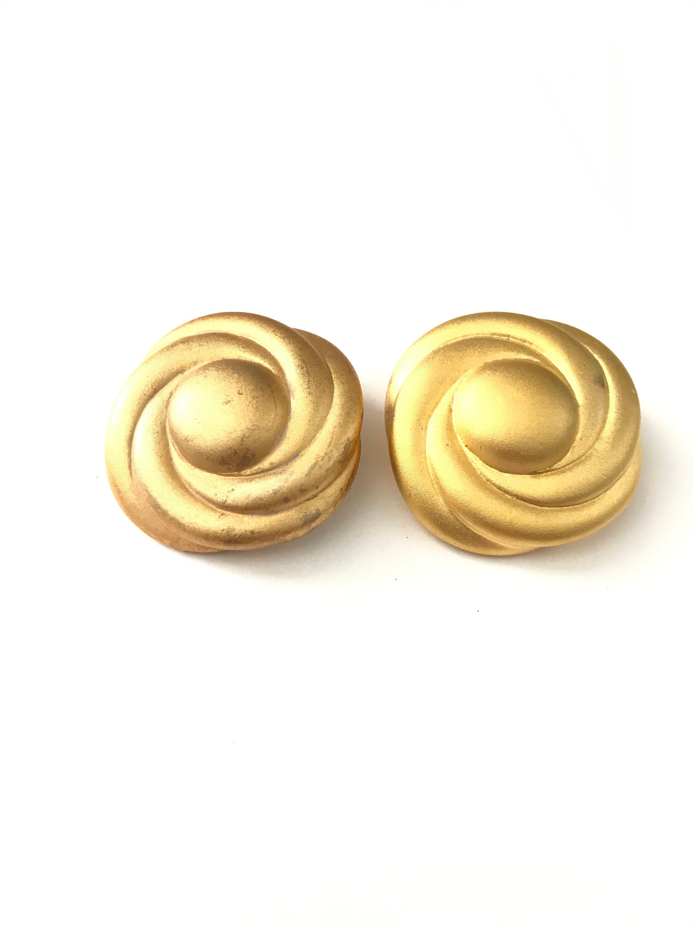 Big Round Vintage Sculptural 80s Matte Gold Plated Clip Earrings ...