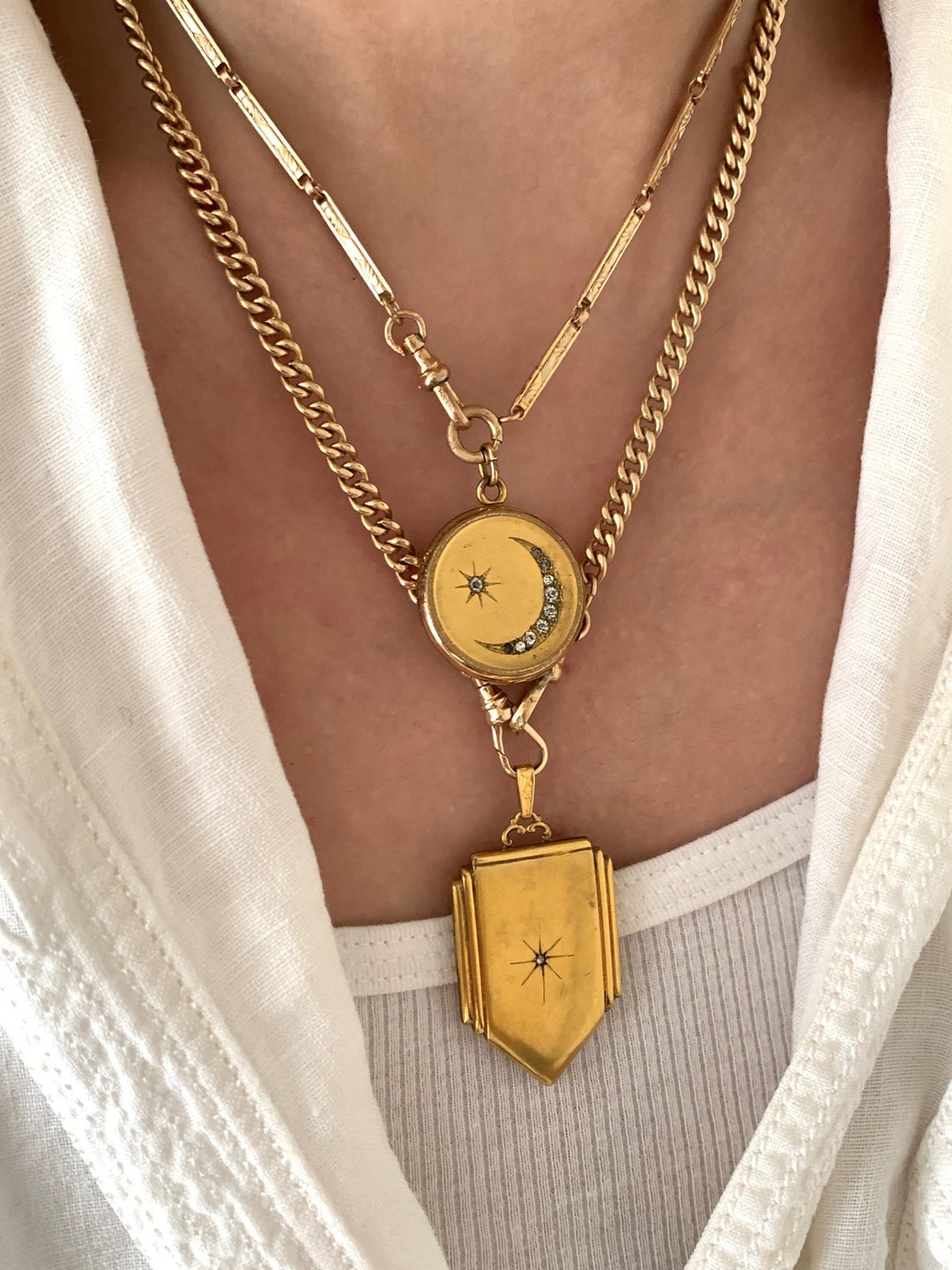 Vintage Crescent Moon and Star Locket, Victorian Gold Filled Celestial ...