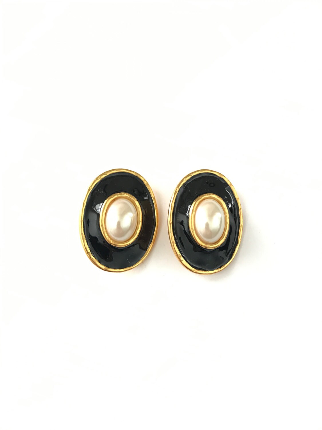 Vintage Classic Gold Rimmed Black Enamel Faux Pearl Chunky - Etsy