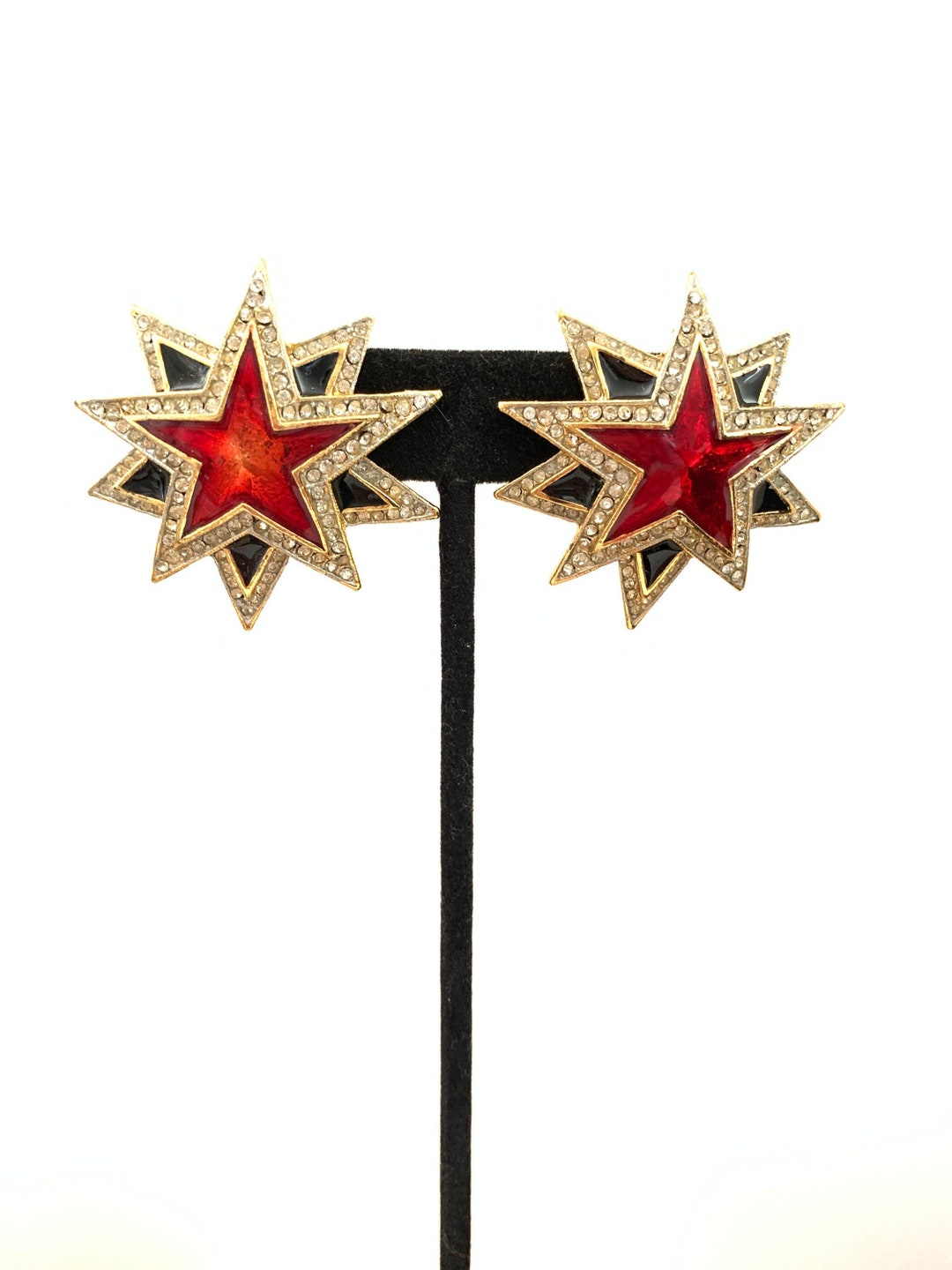 Vintage Enamel Blue Red Rhinestone Star Earrings, Large Retro Star Clip ...