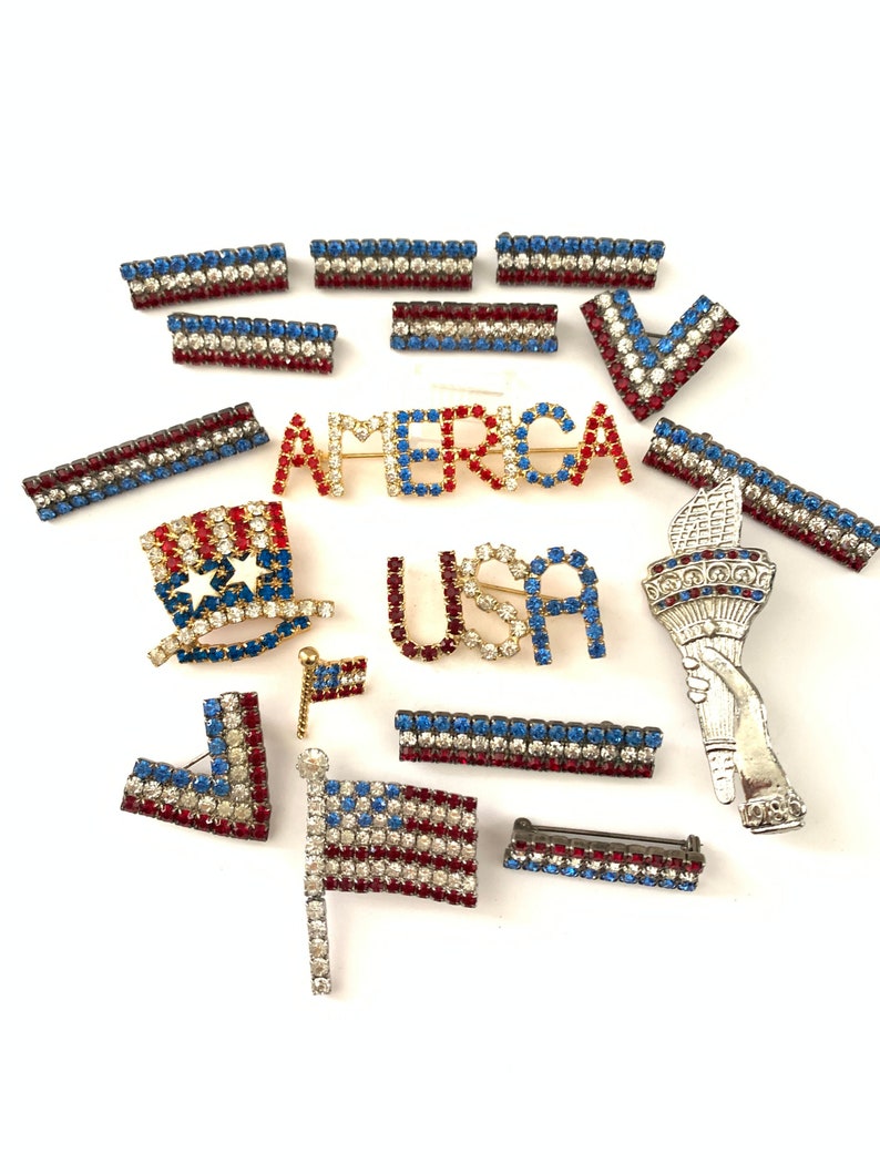 Vintage Lot of USA AMERICA Rhinestone Flag Brooch Pins, 4th of July ...