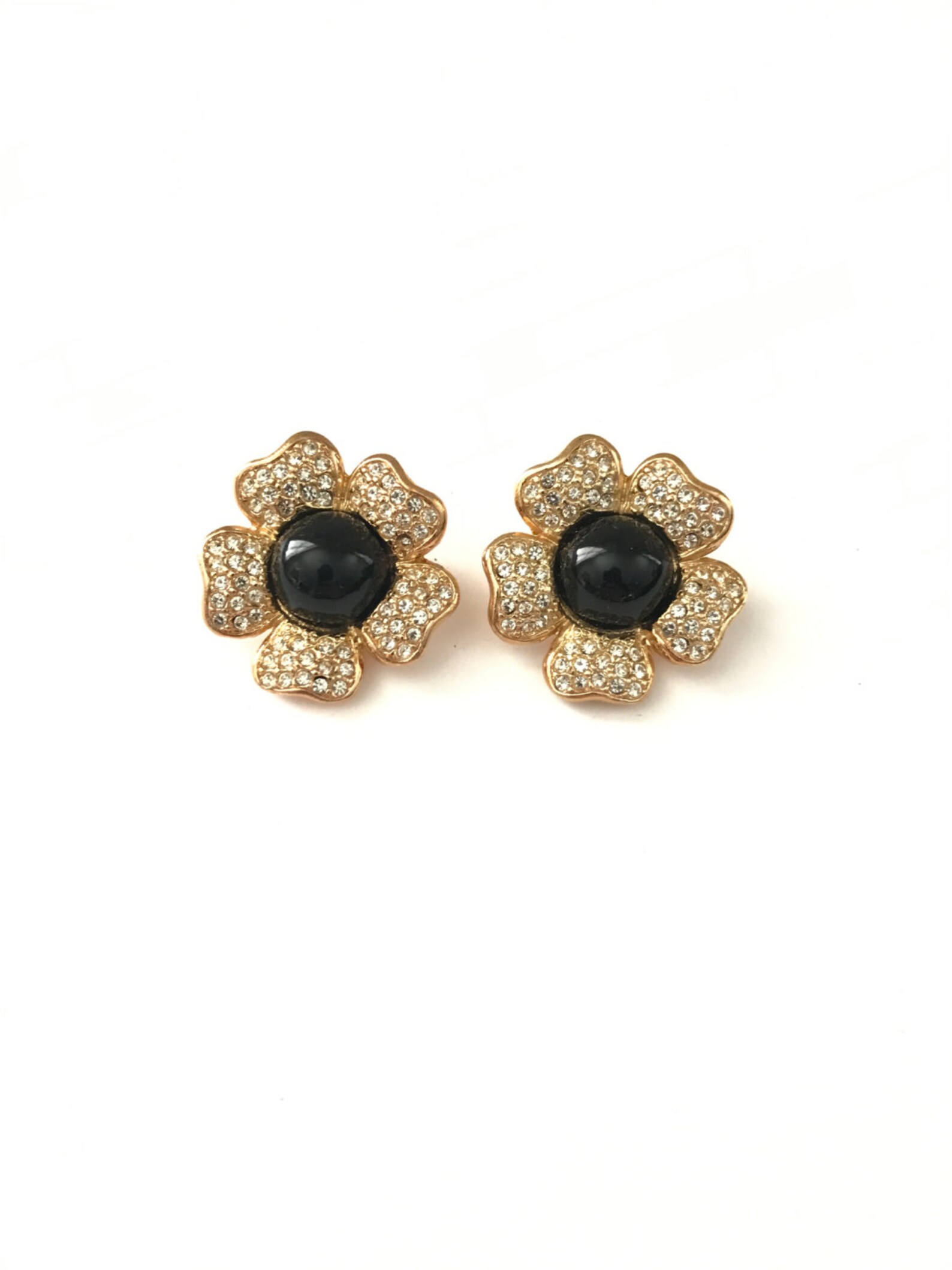 Beautiful Large Onyx Black and Rhinestone Gold Tone Flower - Etsy