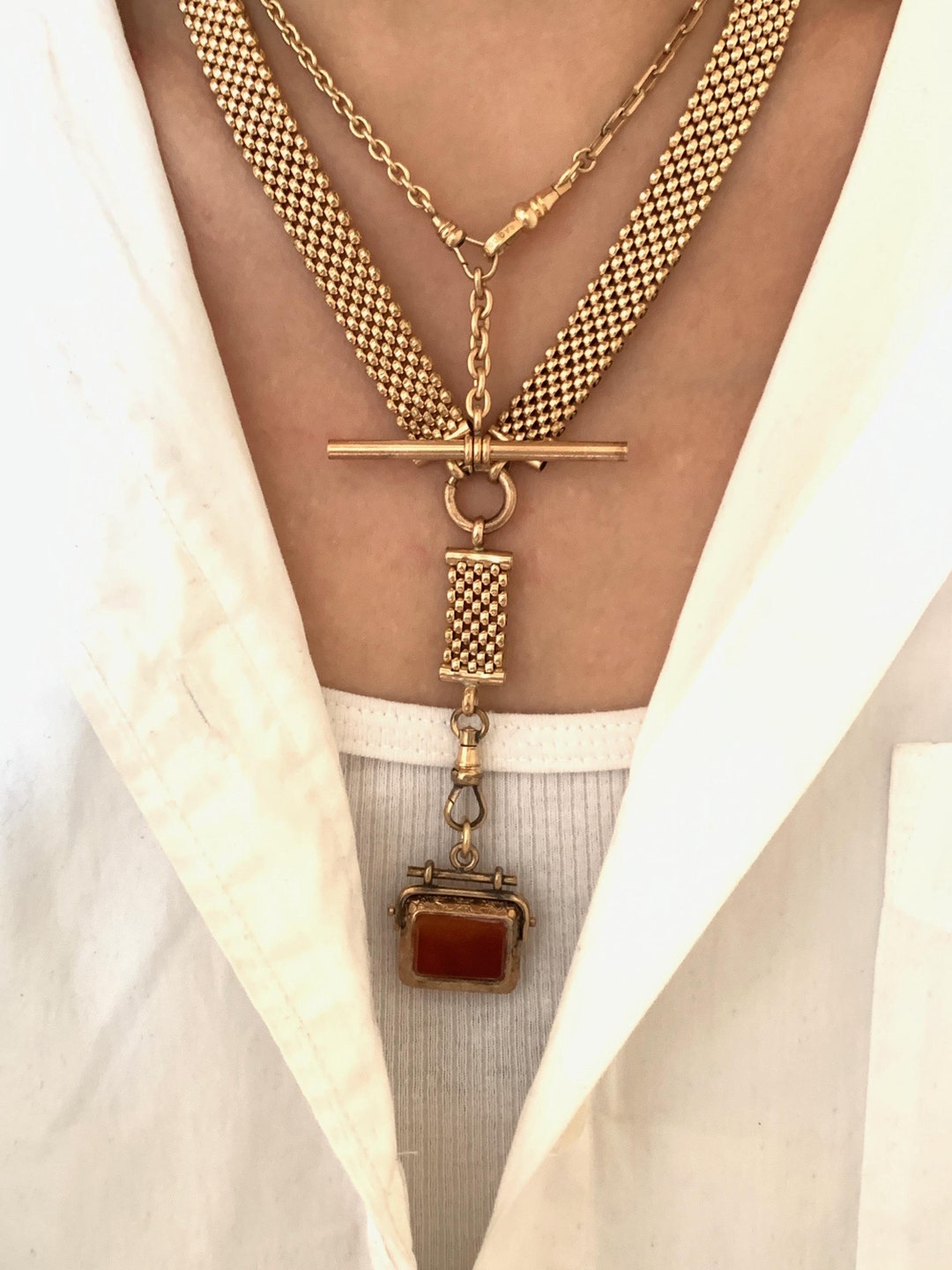 Antique Gold Filled 18.75" Victorian Book Chain Necklace, Panther Link ...