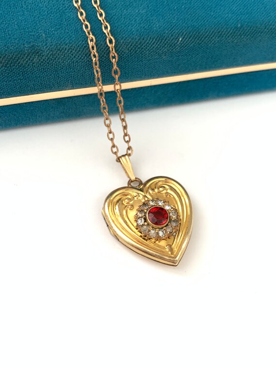 Vintage Gold Filled Nouveau Heart Locket with Red Heart Rhinestone Gold Filled Keepsake Locket Necklace Etsy