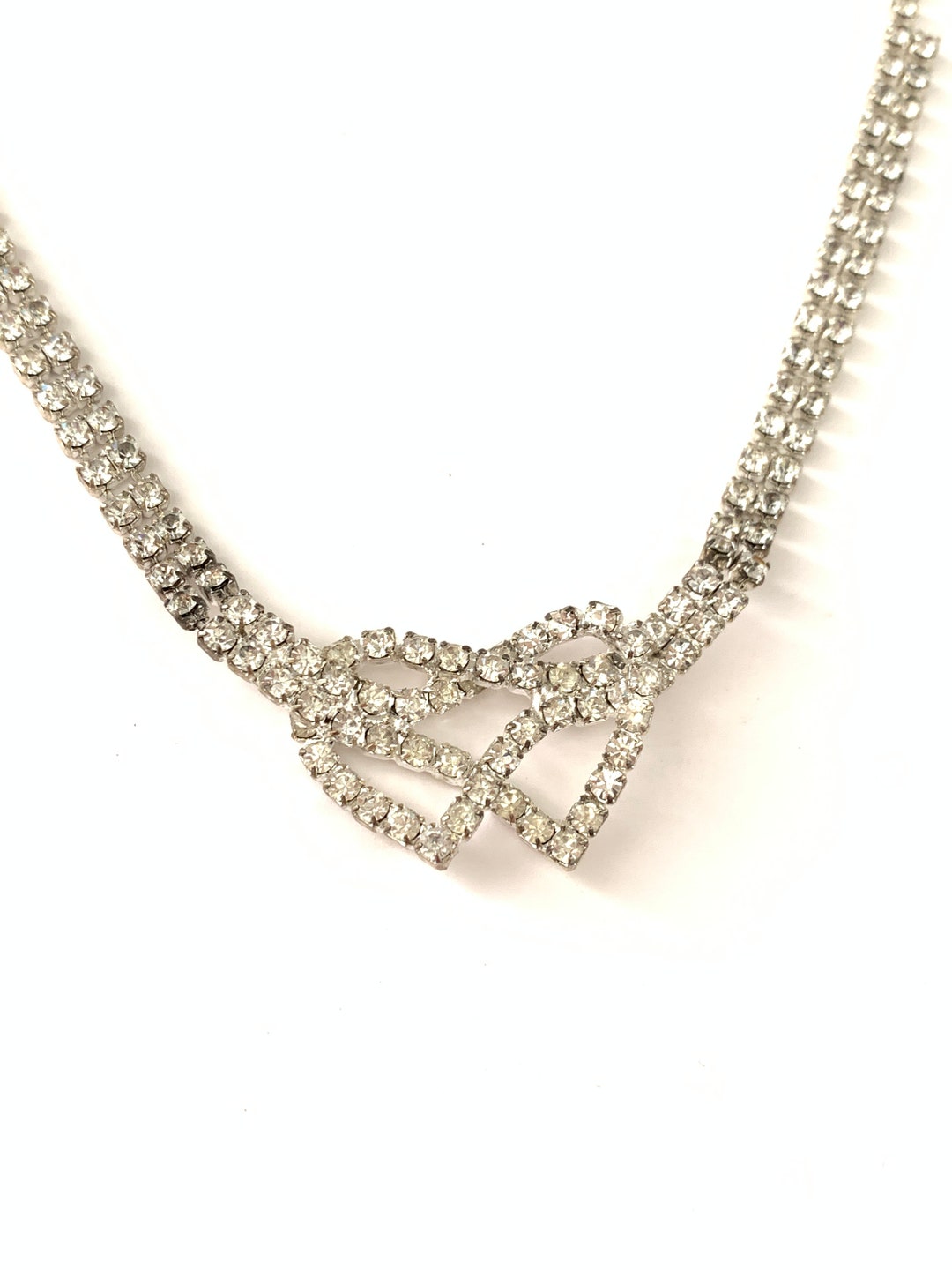 Collier double coeur en strass clair ton argent vintage, collier ...