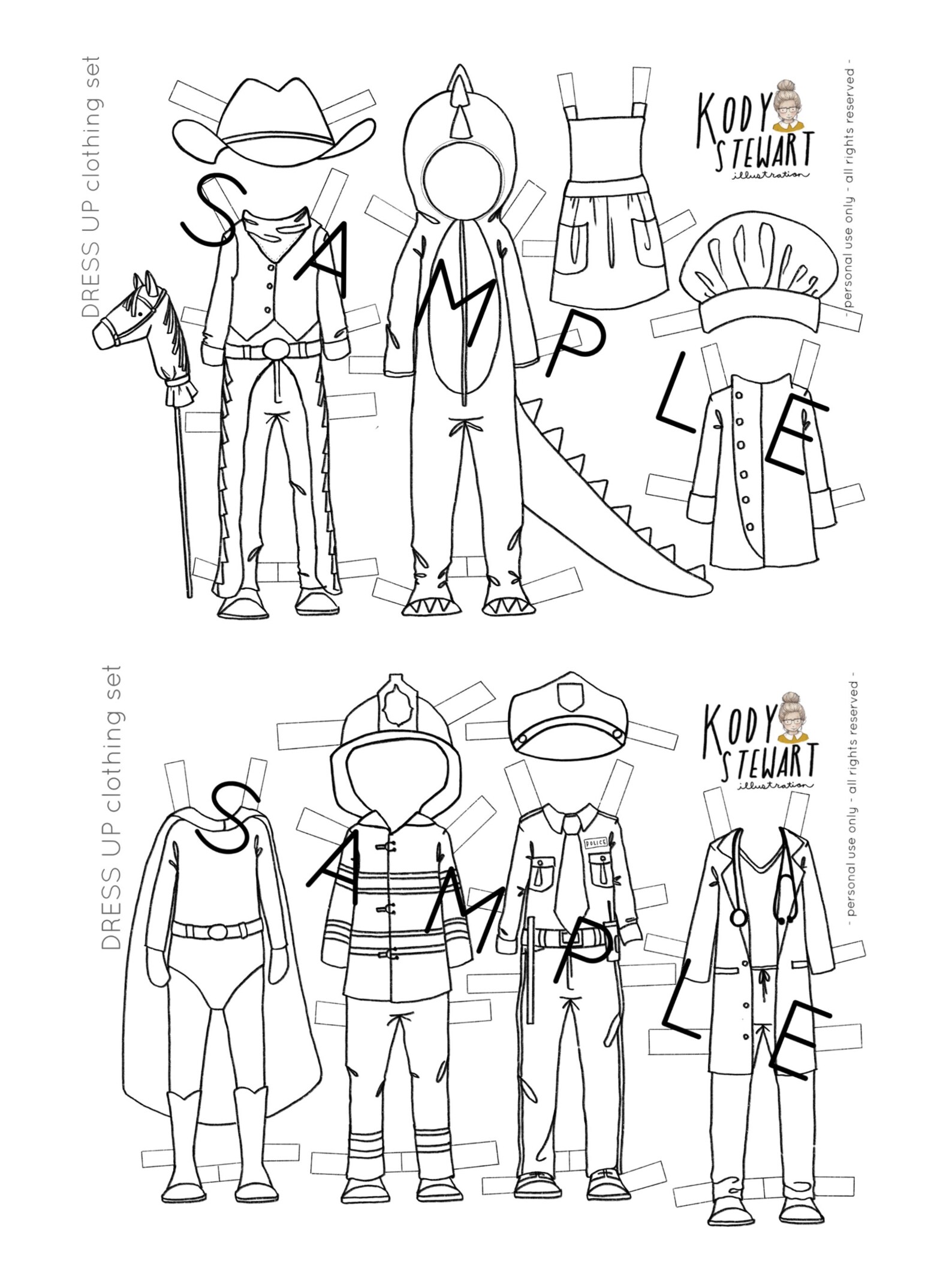 Paper Doll Printable COSTUME Dino Police Fireman Cowboy - Etsy