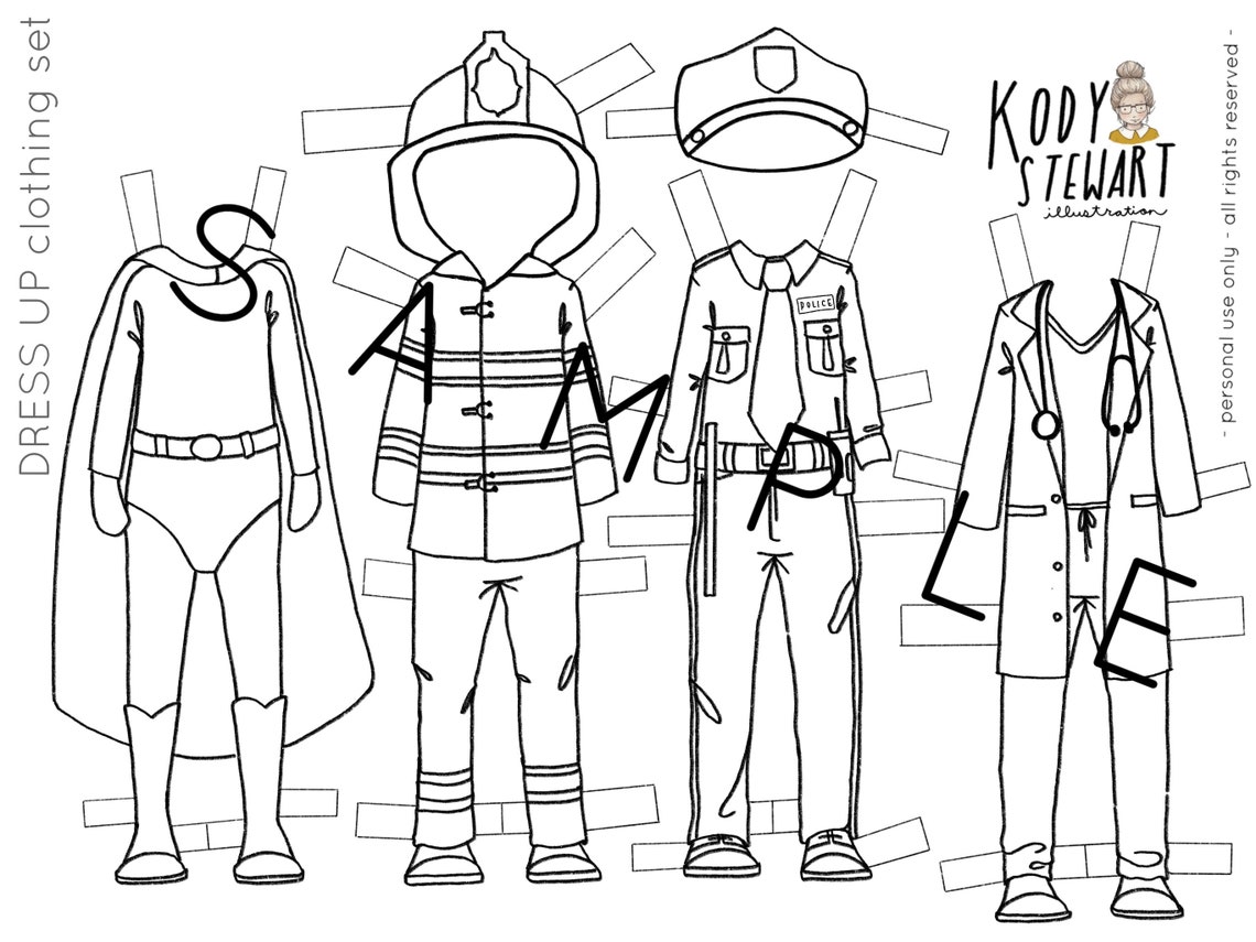 Paper Doll Printable COSTUME Dino Police Fireman Cowboy - Etsy