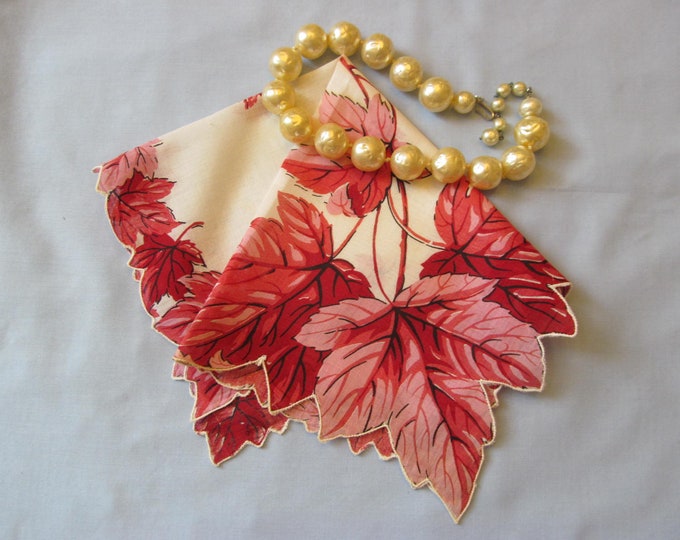 Vintage Linen Handkerchief, Pink and Red Maple Leaves, Contoured Edges ...