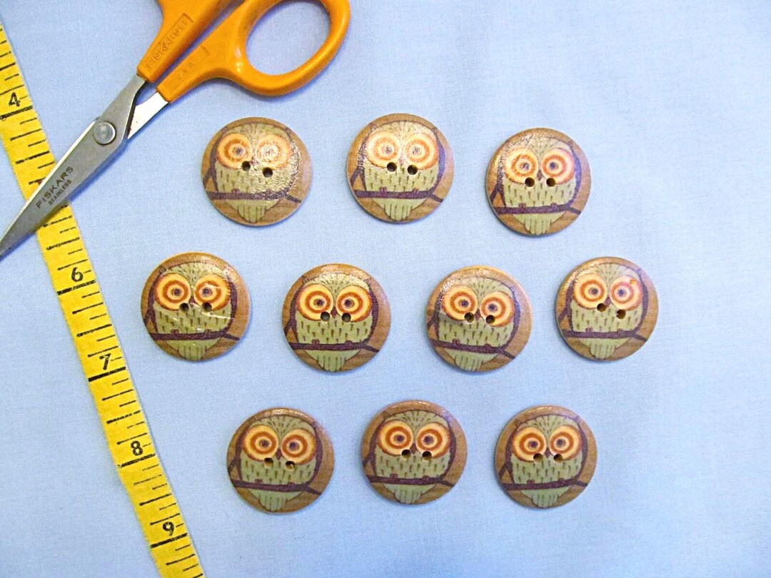 Ten Painted Wood Owl Buttons, Large Round Buttons, Drilled Sew-thru ...