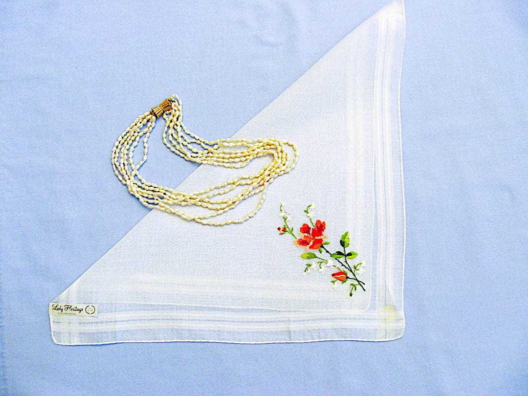 Vintage Handkerchief, Fine Cotton Fabric With Embroidered Red Rose ...