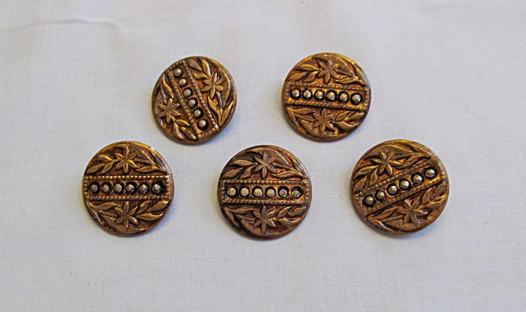 Five Victorian Buttons, Floral Design, Cut Steel Bead Accents, Matched ...