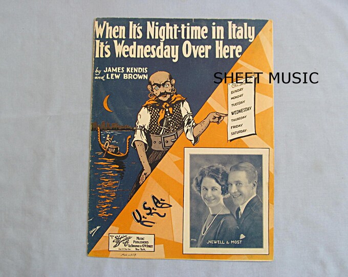 Comic Sheet Music, night-time in Italy, Wednesday Over Here, 1923 Funny ...