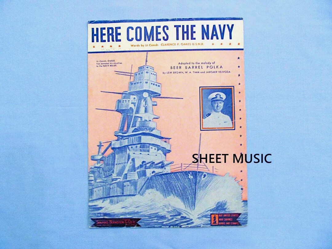 Vintage Patriotic Sheet Music, ‘here Comes the Navy’, Battleship on ...