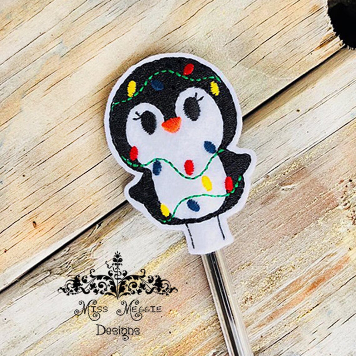 Penguin Christmas Lights Pencil Topper ITH Embroidery Design - Etsy