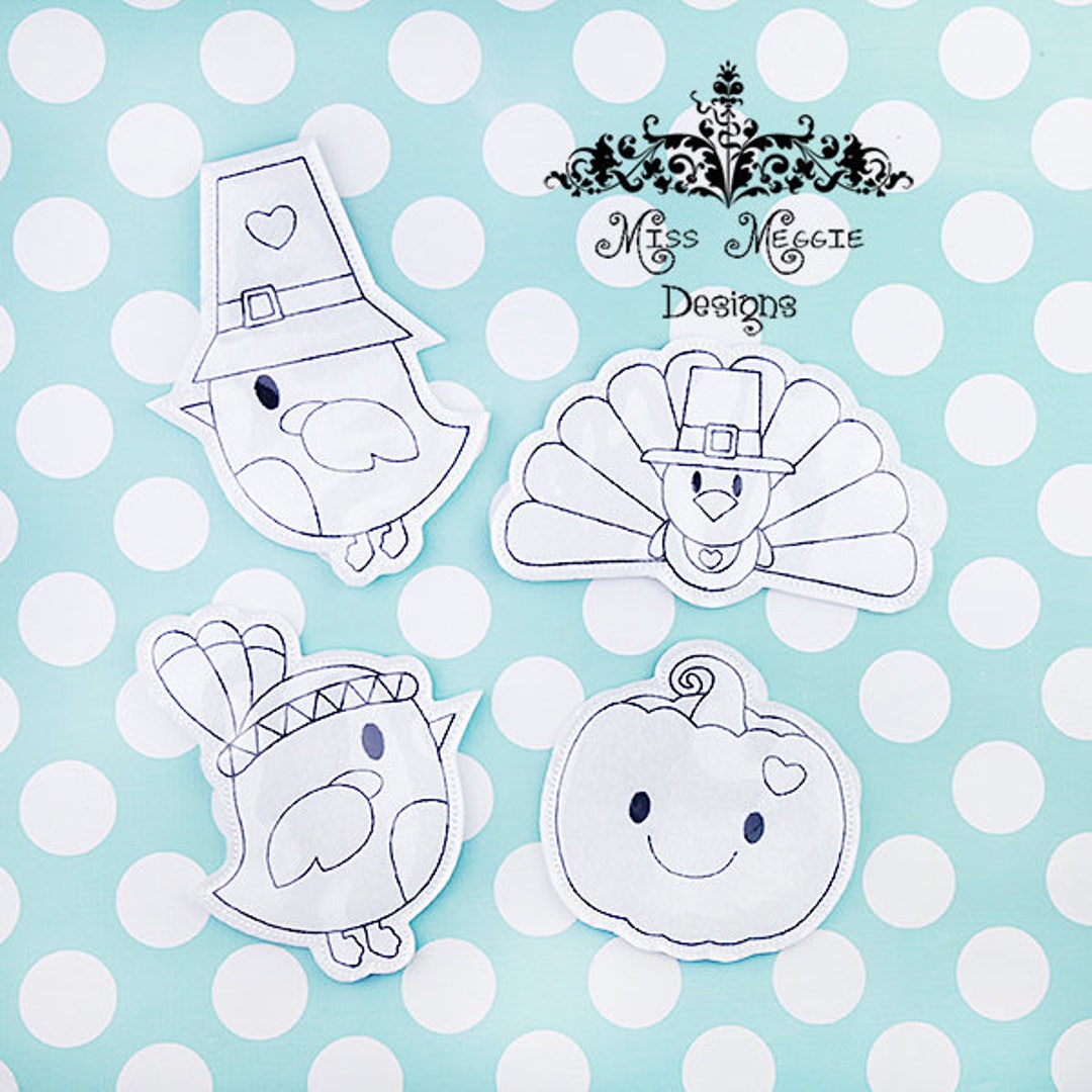 Thanksgiving Turkey Indian Pilgrim Coloring Doll Set ITH Embroidery ...